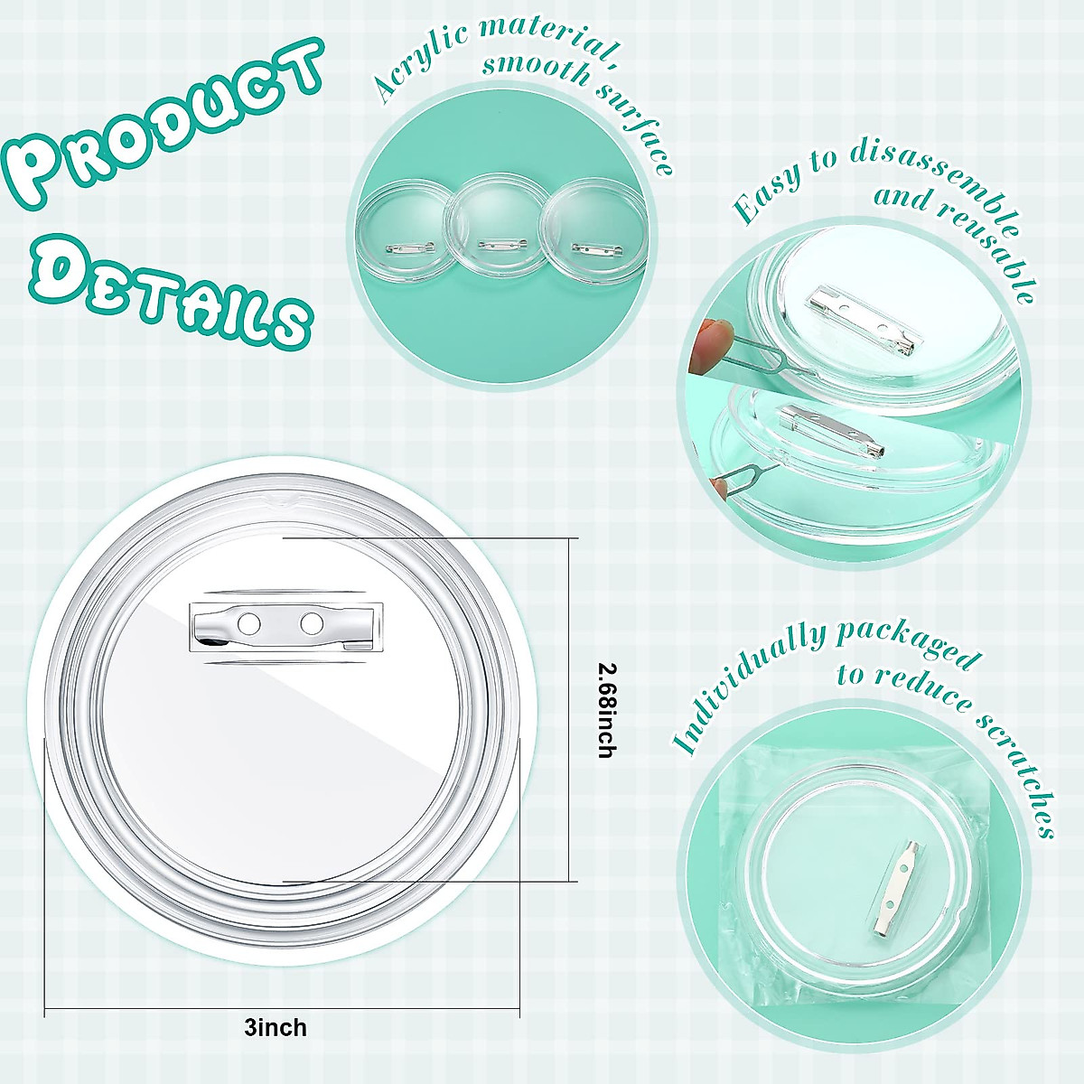 3 Inch Button Maker DIY Acrylic Button Pin Badge Clear Craft Blank Pin Buttons for Picture Photo for Crafts Supplies, School Projects (25 Pcs)