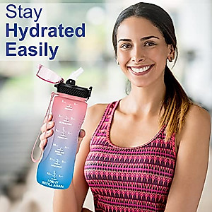 AIDEAMART 24 OZ Motivational Kids Water Bottle With Time Marker,Straw Lid&Chug Lid, Leak Proof, Tritan BPA Free Sports Water Pink-Blue(2 Lid)