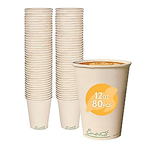 100% Compostable Disposable Coffee Cups [12oz 80 Pack] Paper Cups Made from Bamboo, Eco-Friendly, Biodegradable Premium Party Cups, Natural Unbleached by Earth's Natural Alternative
