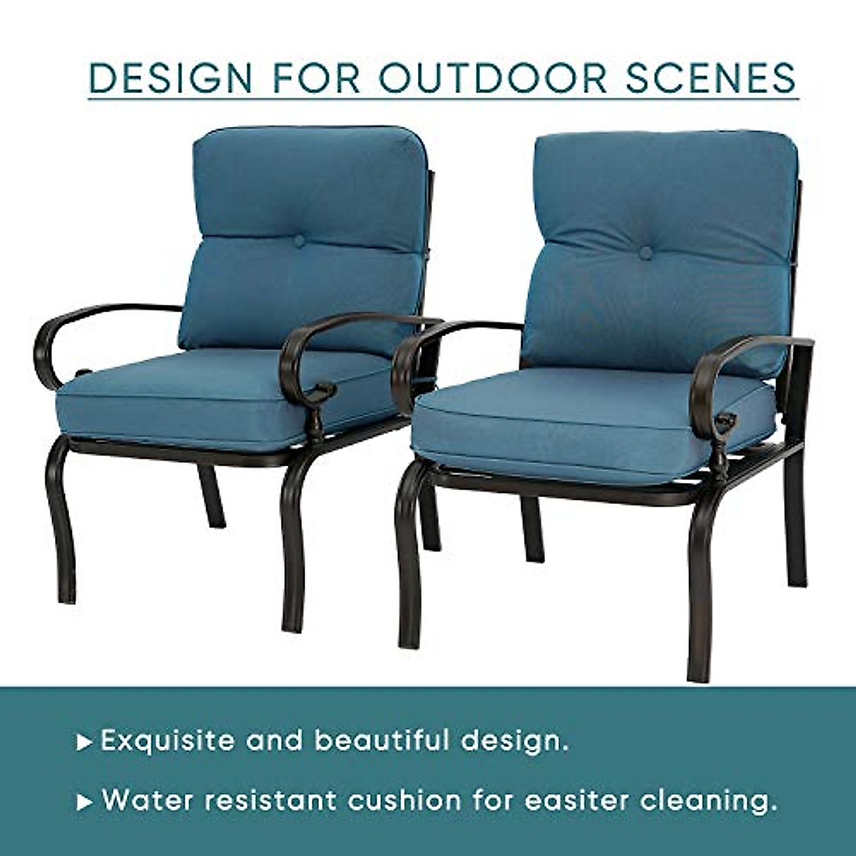 SUNCROWN Outdoor Metal Patio Dining Chair Set of 2, All-Weather Bistro Seating Chairs, Steel Frame Armrest Chairs with Thick Cushion - Blue