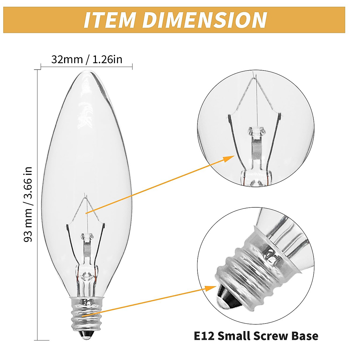 CYLYT 12-Pack E12 Candle Light Bulbs 40W Warm White 2500K, 380 Lumen Dimmable Chandelier Light Bulbs for Ceiling Fan, Pendants or Outdoor, B10 Clear Candelabra Base Bulbs