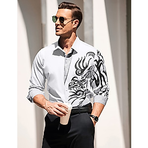 Coofandy Men's Fashion Print Dress Shirt Casual Cotton Button Down Shirts White Medium