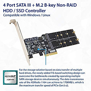 IO CREST 2 M.2 B Key and 2 Port SATA III PCIe 3.0 x4 Non-RAID Expansion Card Asmedia ASM1164