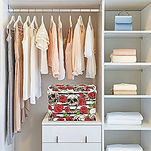 innewgogo Skulls Red Roses Storage Bins with Lids for Organizing Closet Organizers with Handles Oxford Cloth Storage Cube Box for Dog Toys