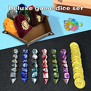 DND Dice Set - FUNCYboo 6 * 7 Sets(42 Pieces) of d&d dice for Dungeons and Dragons Tabletop and Other Tabletop Games. DND dice Comes with 15 DND Gold Coins and Gems
