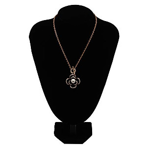 Fashion Jewelry designer statement enamel rhinestone camellia flower faux pearl charm pendant necklace for women (Black)