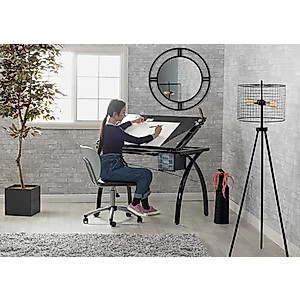 Futura Crafting, Drafting, Drawing Table with Adjustable Top, Black and Black Glass