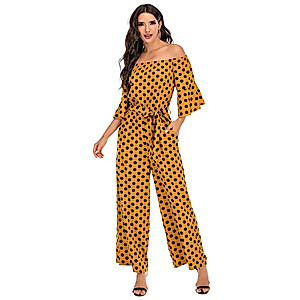 Love Welove Fashion Jumpsuits for Women, Floral Off Shoulder Ruffled Short Sleeve High Waist Wide Leg Pants Romper Dressy