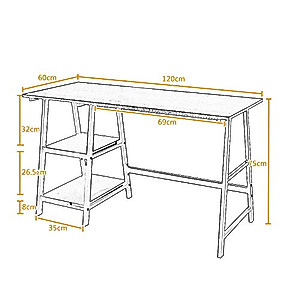soges 47 Inch Computer Desk Trestle Desk Writing Desk Home Office Desk Hutch Workstation with Shelf Storage Desk, White Oak CS-Tplus-120MO