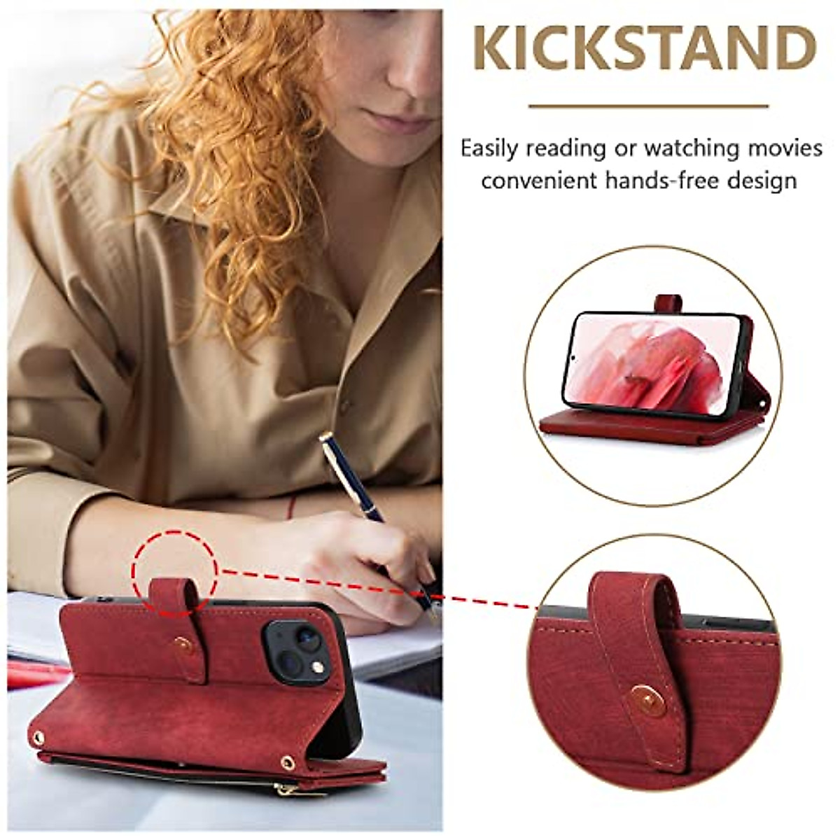 UEEBAI Crossbody Wallet Case for iPhone 13/iPhone 14 6.1 inch, 9 Card Slots Adjustable Crossbody Zipper Cover Detachable Lanyard Strap Flip Case with Hand Strap Kickstand Case - Red Wine
