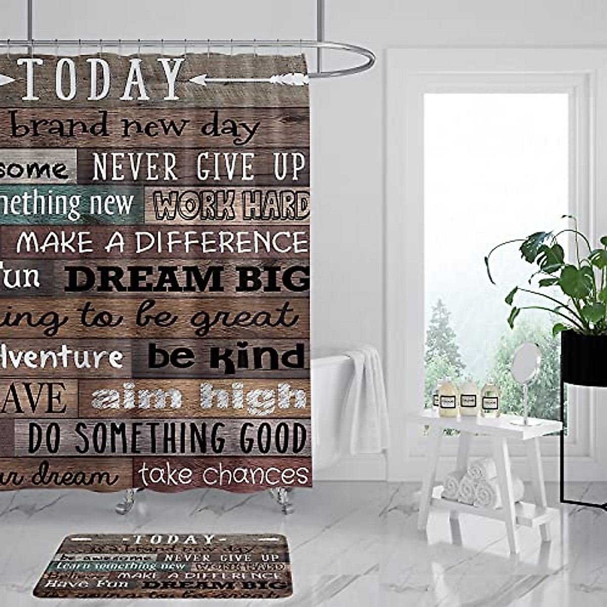 4 Pcs Inspirational Quotes Shower Curtain Set with Non-Slip Rugs, Toilet Lid Cover and Bath Mat, Motivational Words Rustic Wooden Cabin Shower Curtain Bathroom Waterproof Polyester Fabric, 72" x 72"