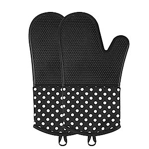 OVAWA Silicone Oven Mitts, Extra Long Kitchen Oven Gloves, Professional Heat Resistant Baking Gloves, 1 Pair, Black