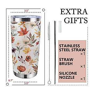 Zzkol Fall Maple Leaves Flower Tumbler with Lid and Straw, Autumn Rose Floral Stainless Steel Travel Coffee Cup, 20oz Farmhouse Double Wall Vacuum Insulated Mug Thanksgiving Gifts