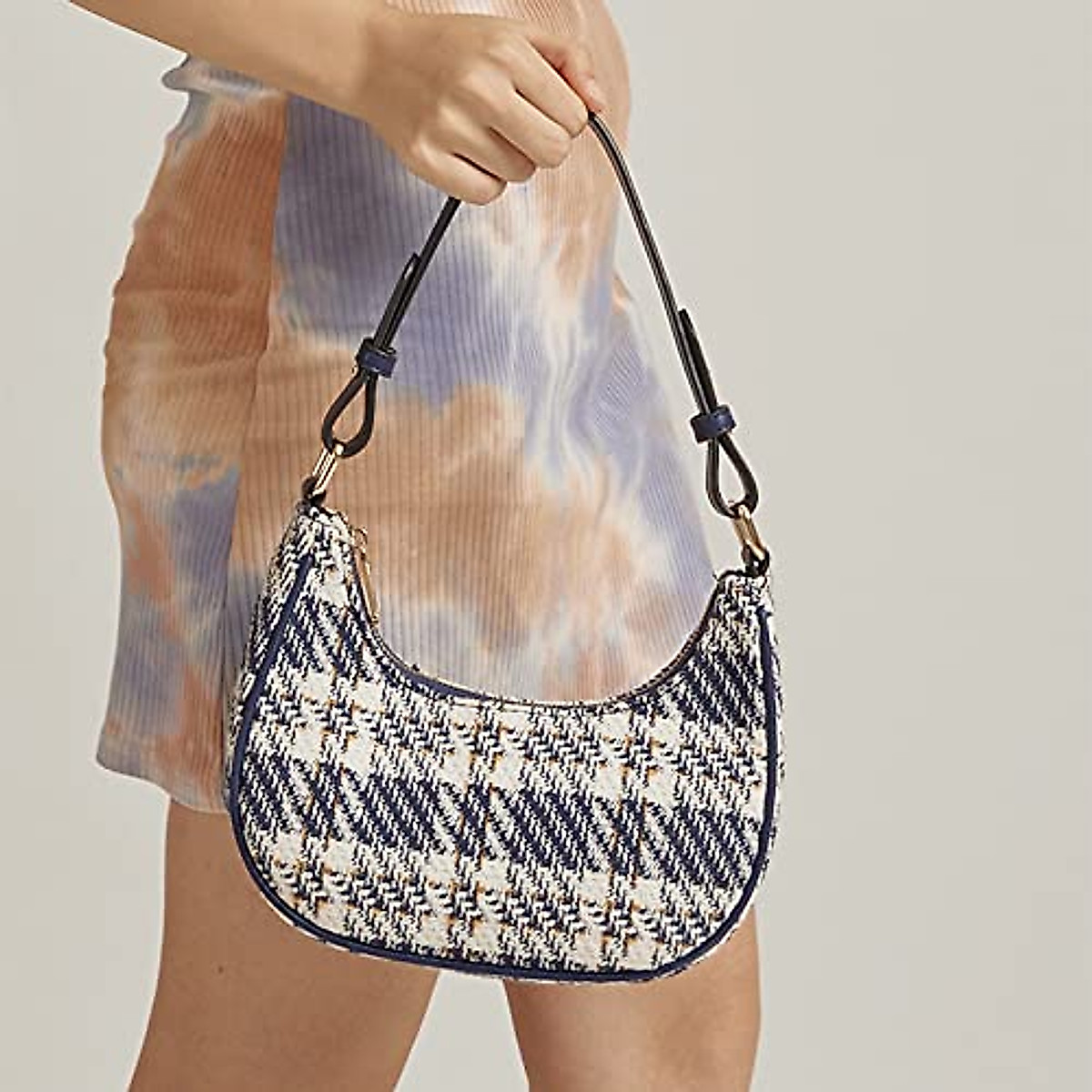 Chloe soo Women Shoulder Bags half moon purse Hobo Underarm Purse Tote Handbag Retro Blue Classic Plaid Tweed Zipper 18