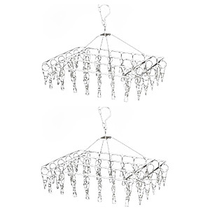 TVRTFQ 2 Pack Stainless Steel Sock Drying Rack with 80 Clips,360° Rotatable Windproof Hook Clothes Hanger Rack for Sock,Bras,Underwear,Baby Clothes,Hat,Scarf,Pants,Gloves,Towel and Laundry Accessories