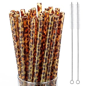 Leopard Print Plastic Straws Drinking Printed Animal Straws Safari Themed Plastic Straws and Cleaning Brush for Drinking Birthday Animal Birthday Party Favors Supplies (Classic Style, 27)
