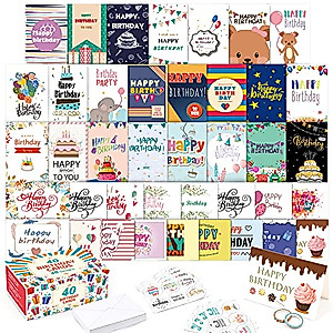feela Birthday Cards, 40 Pack 40 Designs Happy Birthday Card Assorted Bulk with 40 Blank Envelopes 48 Pieces of Stickers 2 Washi Tapes, 4 X 6 Inches Greeting Cards For Girls Family Friends