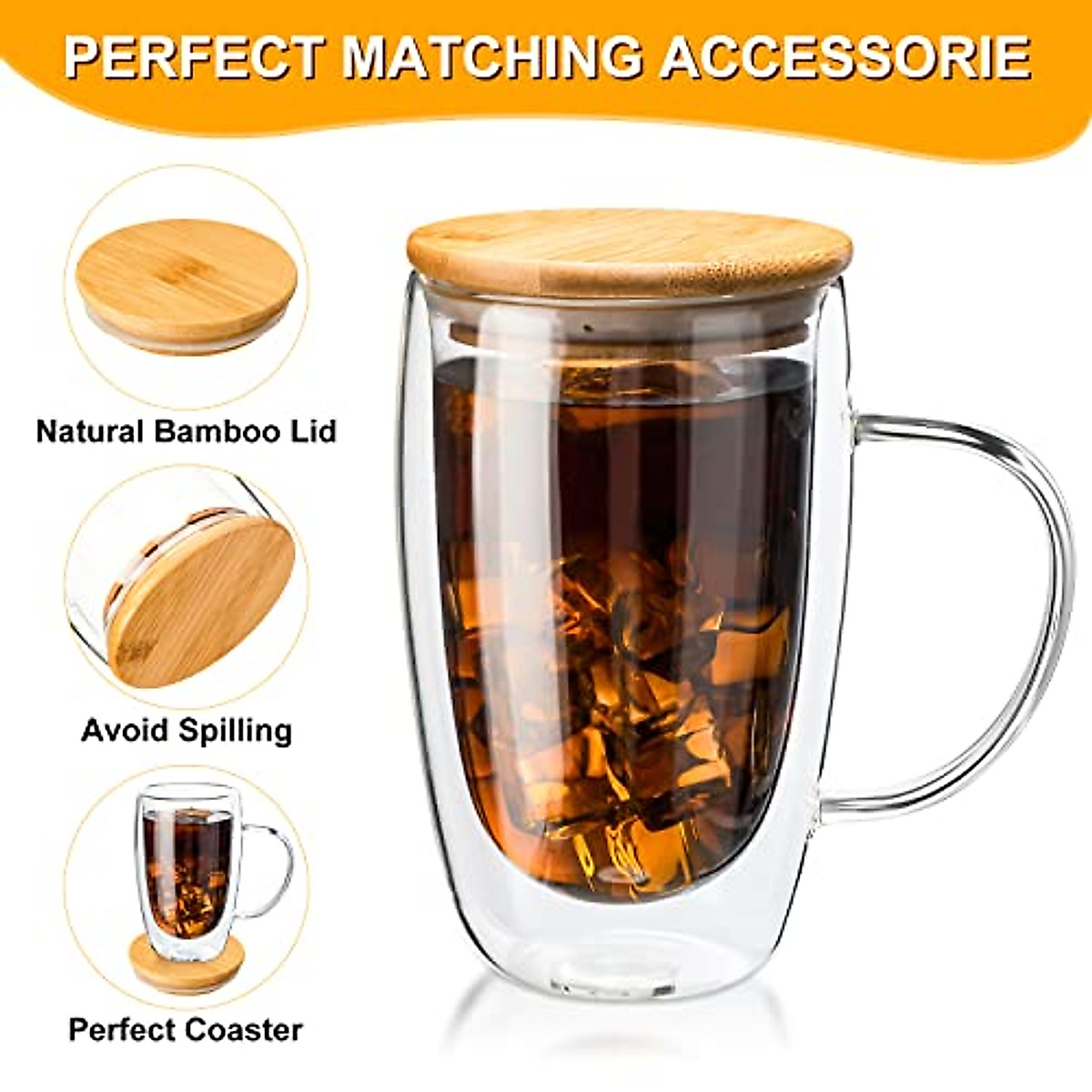 Eccliy 8 Pcs 16 oz Double Walled Glass Coffee Mugs Clear Coffee Mug Insulated Coffee Mugs with Handle and Bamboo Lid, Exquisite Clear Glass Cups for Coffee Tea Latte Cappuccino Espresso