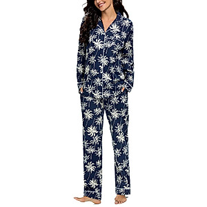 Tugege Pajamas Set Long Sleeve Sleepwear Women Button Down Nightwear Pj Lounge Sets (Deep Blue Coconut, Large)