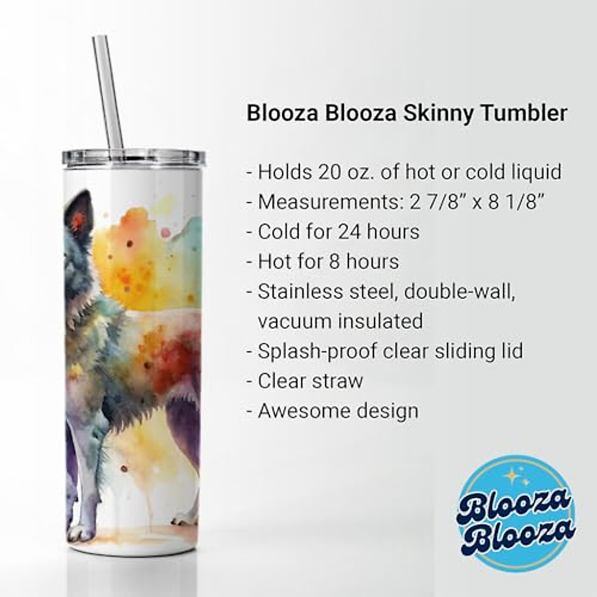 Mudi Dog Watercolor Style Skinny Tumbler 20oz with Straw Insulated Water Bottle Gift