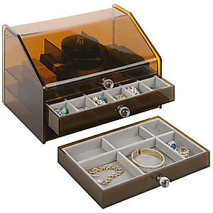 MyGift Amber Acrylic Jewelry Box, Modern Retro Style 2 Storage Drawer Ring, Necklace, Bracelet, Earring Organizer with Velvet Jewelry Tray Liners