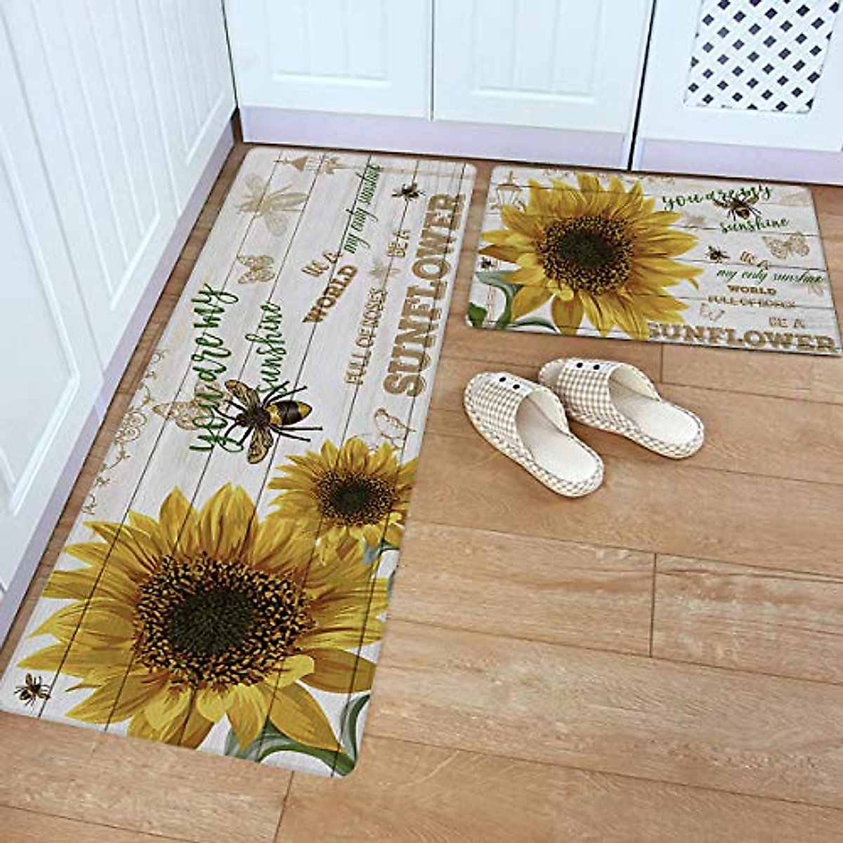 2 Pieces Kitchen Rugs and Mats Set PVC Leather Floor Mat Sunflower You Are My Sunshine My Only Sunshine Bumblebee Butterfly Wooden Board Comfort Floor Mat Rug Waterproof Non-Slip Mat Standing Desk Set
