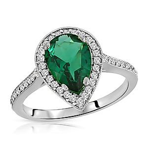 Galaxy Gold GG Stunning 1.69 Carat Total Weight 14K Solid White Gold Emerald and Natural Diamond Halo Ring Brilliant Pear Cut Tear Drop Shape Round Diamonds (6)