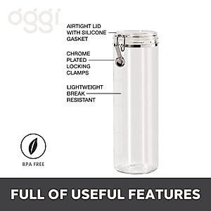 OGGI Tall Clear Canister with Clamp Lid, 58 oz - Large Airtight Food Storage Container, Ideal for Kitchen & Pantry Storage of Bulk, Dry Foods Including Pasta & Spaghetti