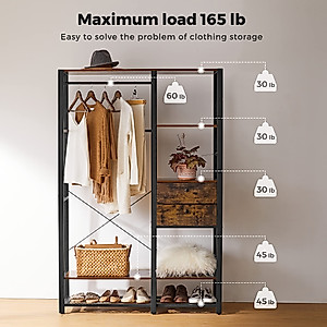 VASAGLE Free Standing Closet Organizer, Clothes Rack, Closet Organizer and Storage Shelves, Hanging Rod, 2 Drawers, Industrial Style, Rustic Brown and Black URGR001B01