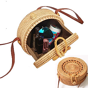 BaellerryRound Woven Ata Rattan Bag Summer Beach Shoulder Bag for Women, Beige, Medium