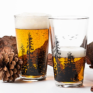 Black Lantern Handmade Themed Pint Glasses – Pint Glasses in Unique Designs for Craft Beer Enthusiasts and Home Bars - (Set of Two 16oz. Glasses) Pine Tree Forest Design