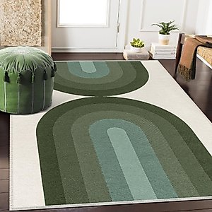 Lahome Washable Green Rugs for Living Room -5x7 Area Rugs Ultra-Thin Woven Boho Rugs Modern Rainbow Rugs for Bedroom, Cotton Reversible Low Pile Carpet for Playroom Dining Room (5'x 7', Green)