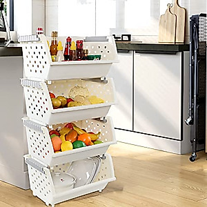 Waikhomes 4-Pack White Large Stacking Basket, Plastic Stackable Detachable Storage Organizer Bin