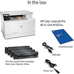 HP Color Laserjet Pro MFP M182nw All-in-One Wireless Laser Printer, White - Print Scan Copy - 17 ppm, 600 x 600 dpi, 8.5 x 14, 2-Line LCD with Numeric Keypad Display, Ethernet, Cbmou Printer Cable