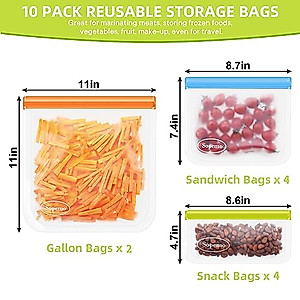 Sopemo Reusable Ziplock Bags, 10 Pack BPA FREE Reusable Freezer Bags, Leakproof Silicone Bags Reusable Food Storage Bags (4 Reusable Snack Bags, 4 Reusable Sandwich Bags, 2 Reusable Gallon Bags)