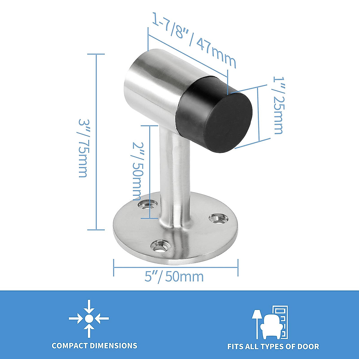 Masendelk Floor Mount Door Stopper, Heavy Duty Door Stop Brushed Nickel Doorstop with Rubber Bumper & Stainless Steel Screws, 3 Inch Height