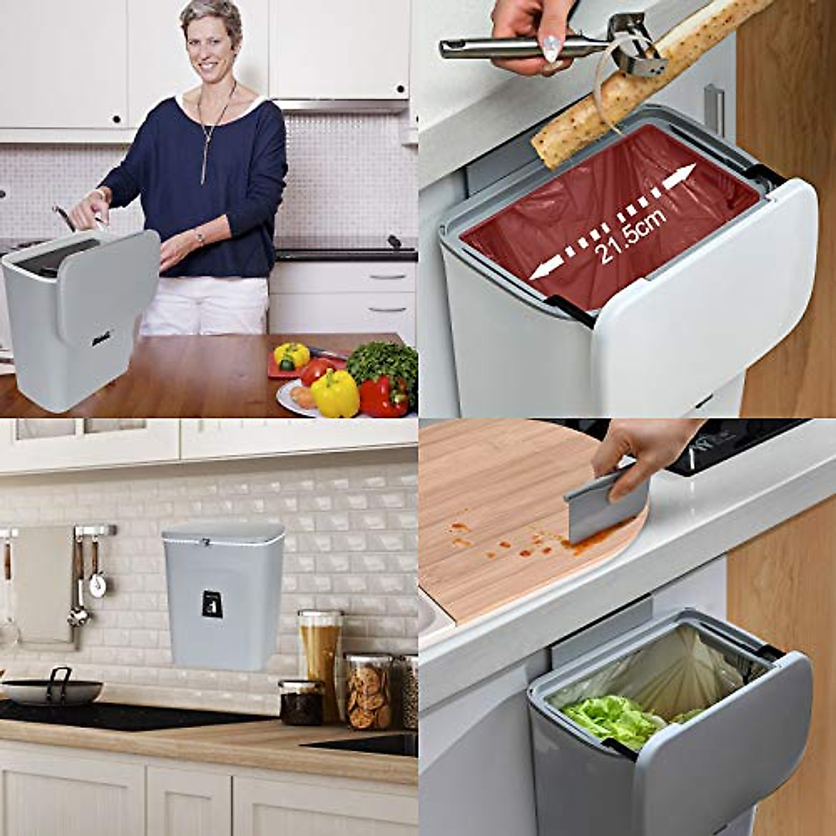 ZOEYES 2.4 Gal Hanging Trash Can for Kitchen Cabinet Door, Small Under Sink Hanging Garbage Can with Lid, Wall-Mounted Waste Bin for Bathroom Bedroom Office Kitchen (Gray)