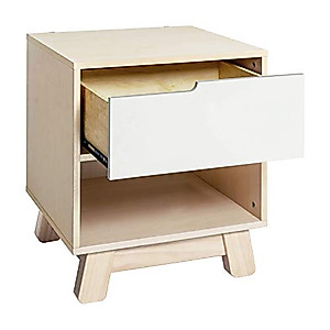 Babyletto Hudson Nightstand with USB Port in Washed Natural and White, 1 Drawer and Storage Cubby