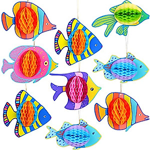 9 Pieces Hanging Fish Tissue Honeycomb Decorations Tropical Fish Party Decor Supplies for Fish under the Sea Mermaid Ocean Beach Themed Home School or Office Luau Hawaiian Birthday Party Decorations