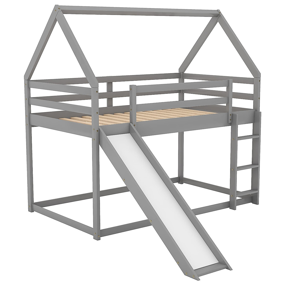 Bellemave Twin Over Twin House Bunk Bed with Slide, House Bunk Bed Kids Bunk Bed with Roof and Ladder for Kids Girls Boys (Grey)