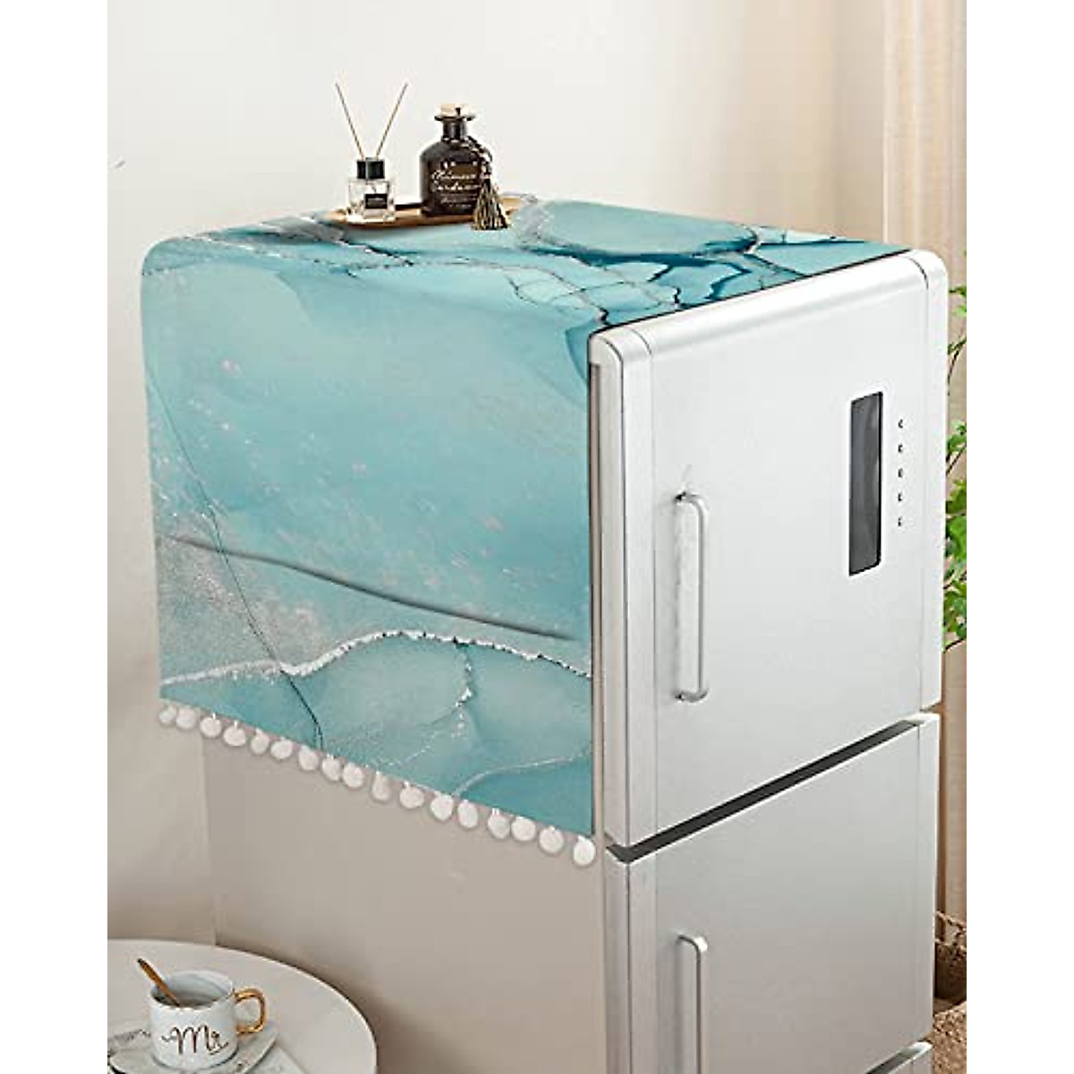 Comforance Marble Turquoise Microwave Cloth Cover 12x35inch, Anti-Slip Dust Oil Proof Cloth, Decorative Kitchen Appliance for Refrigerator Washing Machine Protector, Marble Textured Modern