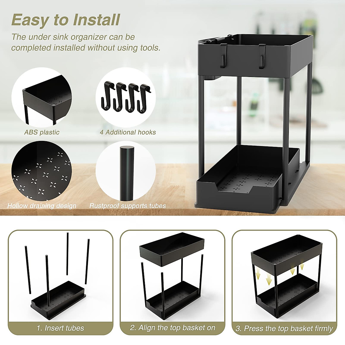 DEKYHOME Under Sink Organizer and Storage,Bathroom Organizer with 4 Hooks and 1 Hanging cup, Multi-purpose Storage Shelf for Bathroom Kitchen