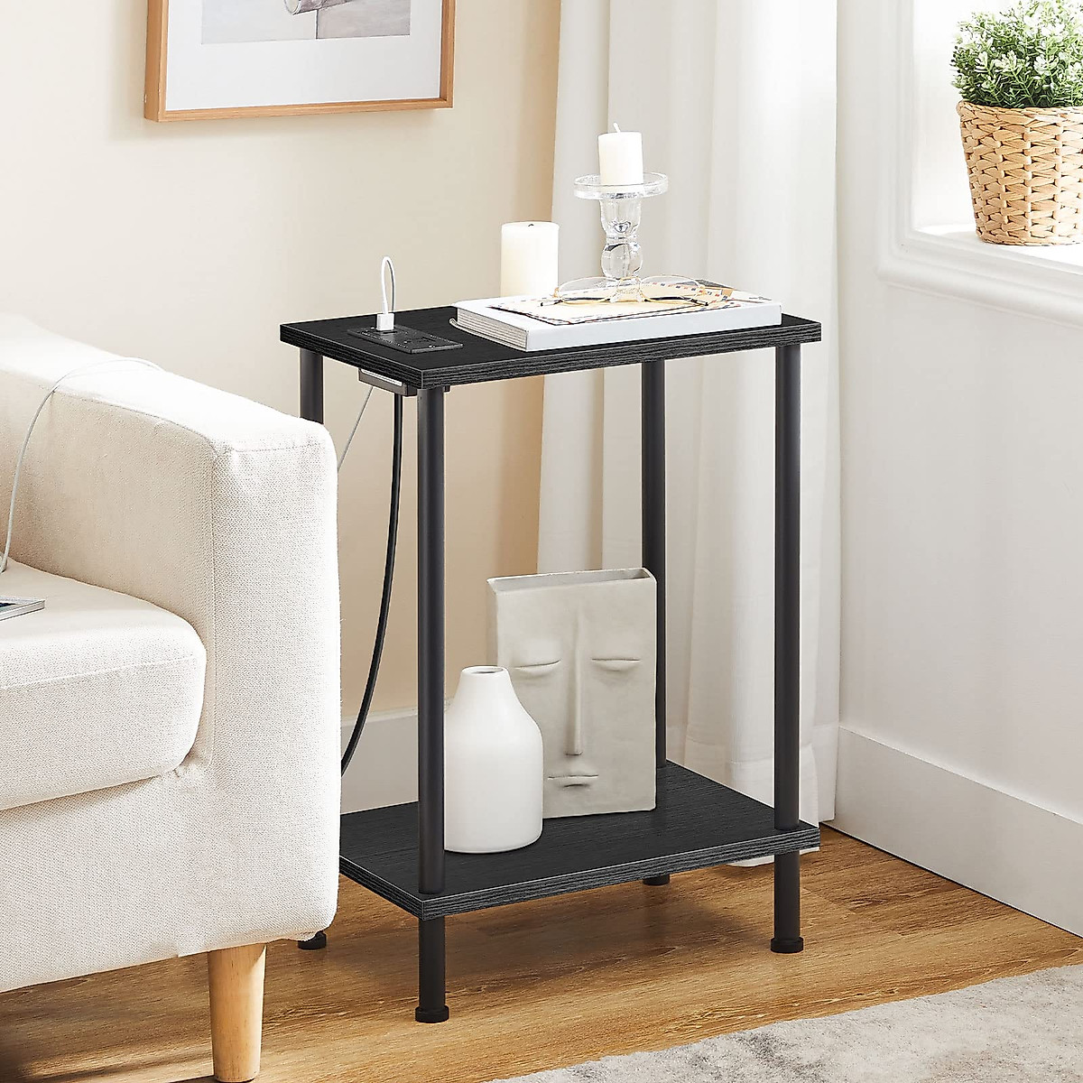 HOOBRO Side Table with Charging Station, Set of 2 End Tables with USB Ports and Outlets, Nightstand with 2-Layer Storage Shelves for Small Spaces, Living Room, Bedroom, Black BK09UBZP201