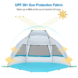 WolfWise 2-3 Person Portable Beach Tent UPF 50+ Sun Shade Canopy Umbrella with Extendable Floor, Blue