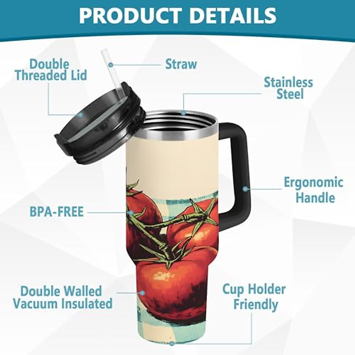 Flradish 30oz Tumbler with Handle, Vintage Delicious Tomatoes Stainless Steel Tumbler with Lid and Straws Double Wall Vacuum Insulated Leakproof Coffee Travel Mug