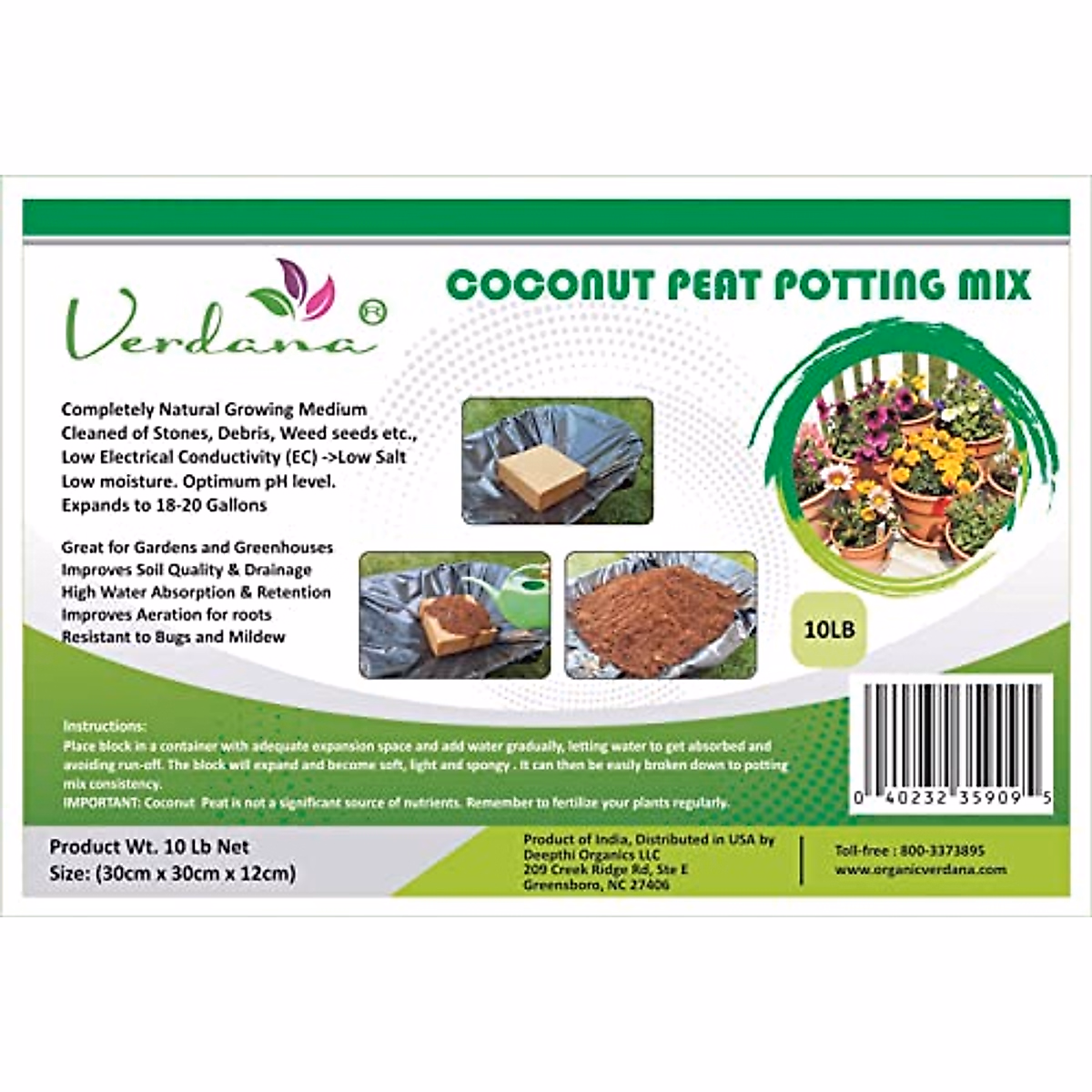 Verdana Coconut Fiber Potting Mix - 10 Lb Compressed Block Brick - Coco Coir, Coco Peat, Coir Pith - Alternative to Peat Moss – Soilless Growing Medium - Low EC, Optimum pH, High Expansion