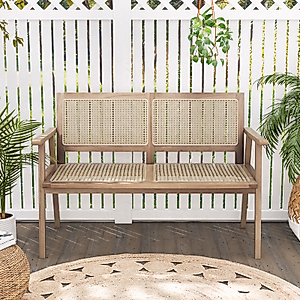 Tangkula Outdoor Teak Wood Garden Bench, 2-Person Patio Bench with Armrests, Rattan Backrest & Seat, Patio Garden Bench for Porch, Lawn, Balcony and Backyard, Natural