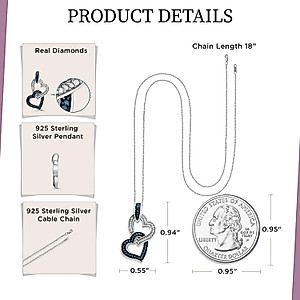 Jewelili Double Heart Necklace Pendant with Treated Blue and Natural White Round Diamonds in Sterling Silver 1/6 CTTW 18 inch Cable Chain