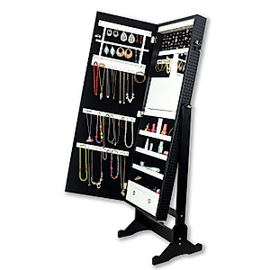 Iconic Home Glitzy Contemporary Elegant Black Crystal-Border Cheval Mirror Jewelry Armoire