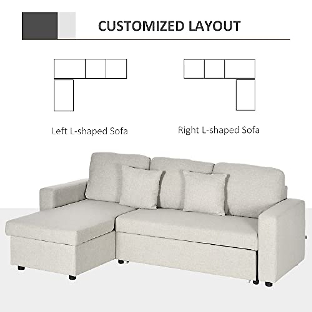 HOMCOM Sectional Sleeper Sofa, Linen Fabric L Shaped Couch with Pull Out Bed, Reversible Storage Chaise for Living Room, Apartment, 3-seat, Cream White